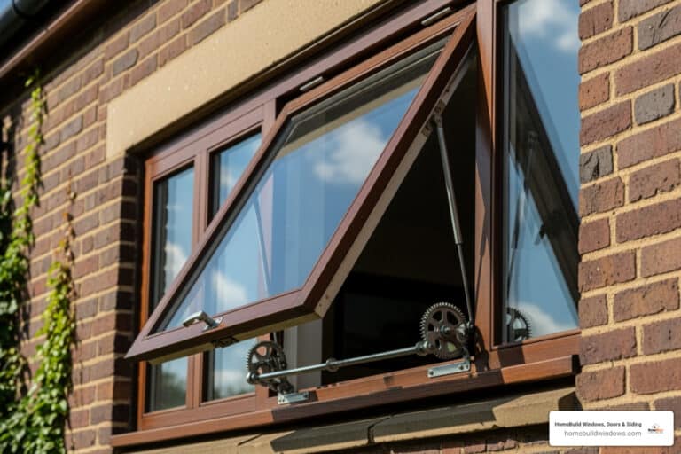 Awning window side open 90n degree angle outward window